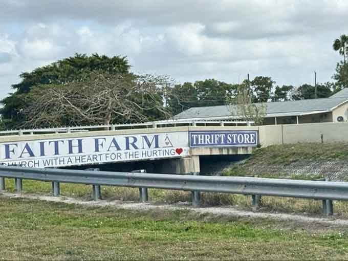 That roadside banner tells you everything: a church with heart, helping the hurting through secondhand treasures.