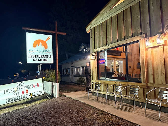 When the sun goes down, this mountain restaurant glows with warmth and welcoming light for hungry travelers.