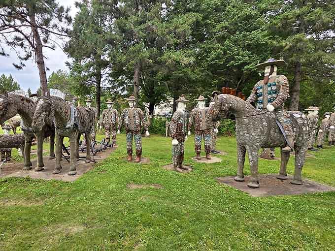 A concrete cavalry stands ready, their glass-studded bodies sparkling like disco balls from a bygone era.