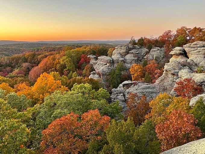 Autumn paints the forest in colors that would make any artist jealous, with rock formations standing guard like ancient sentinels.
