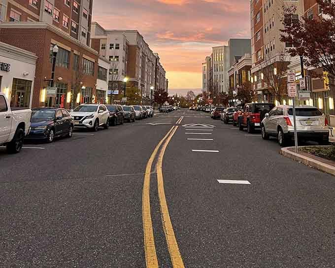 Golden hour transforms modern streets into something magical, like a Norman Rockwell painting updated for today.