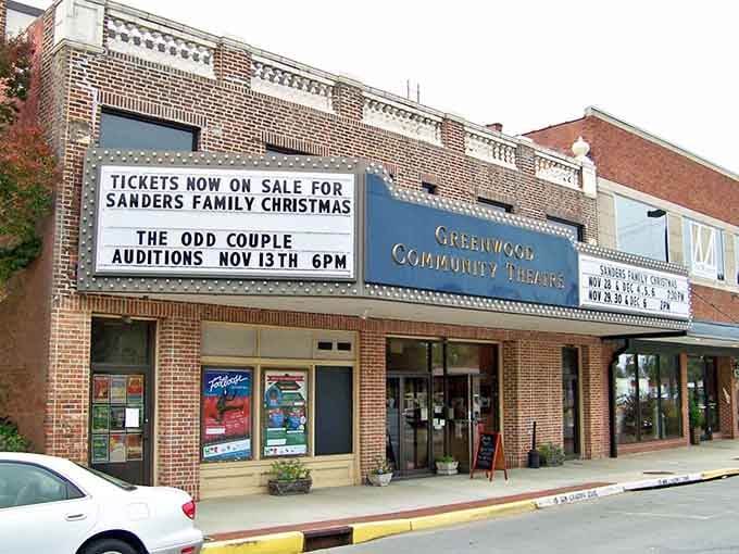 The community theater marquee announces local productions that bring neighbors together without breaking the bank.