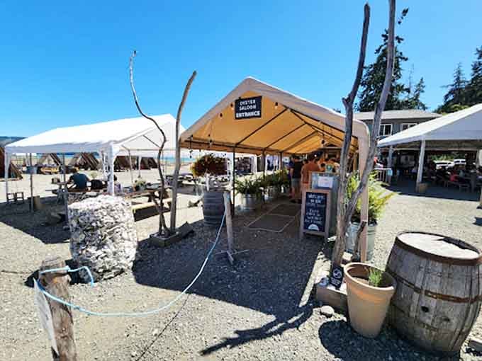 Driftwood sculptures and open-air tents on the gravel create a beachside vibe that's refreshingly unpretentious and utterly charming.