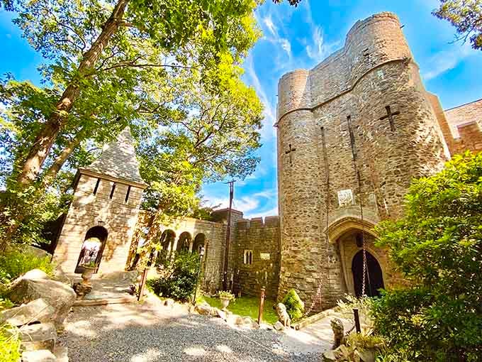 Medieval stone towers rising against blue sky make you forget you're still in New England, not the Scottish Highlands.