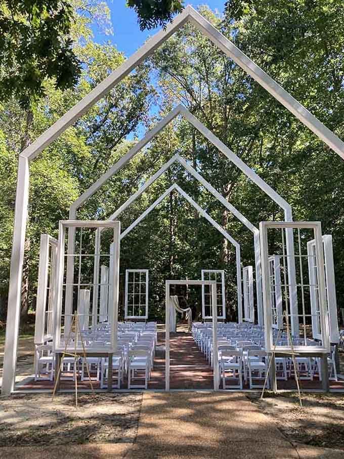 White window frames outline a church that exists only in spirit, where sky becomes ceiling and faith needs no walls.