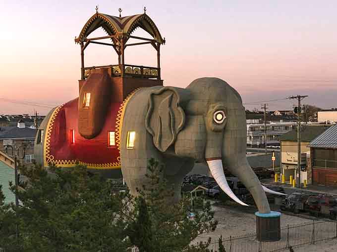 Lucy stands majesty at sunset, a six-story elephant proving that Victorian-era marketing stunts can become beloved landmarks.