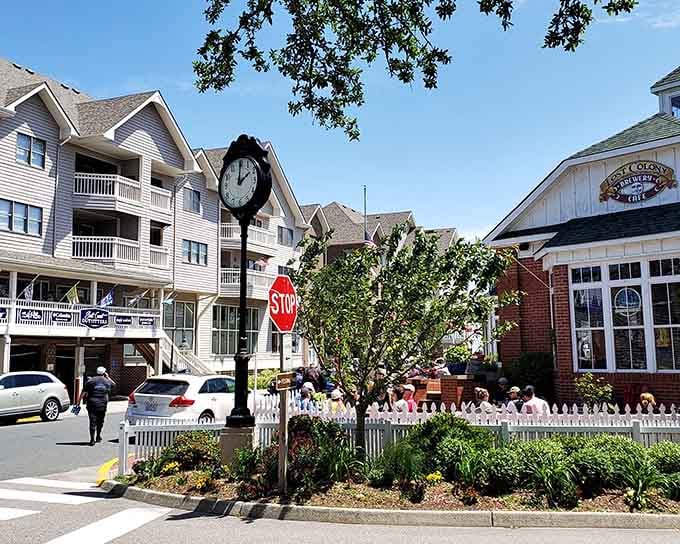 The town clock keeps perfect time in this charming square where white picket fences never go out of style.