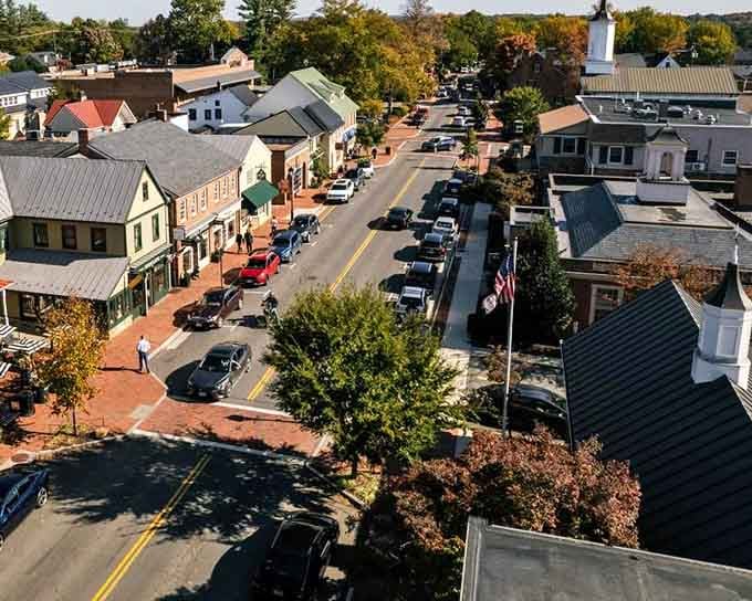 From above, this town looks like a model railroad setup that somehow came to life perfectly.