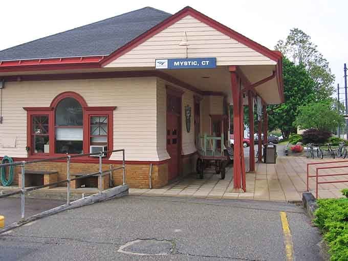 The old train depot stands as a reminder of when Mystic welcomed visitors by rail instead of minivan.