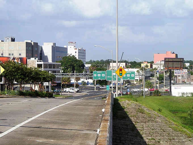 The downtown skyline rises modestly against blue skies, proving you don't need skyscrapers to have character.