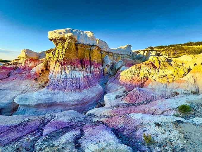 Mother Nature's paint palette went wild here, splashing purple, pink, and yellow across otherworldly rock formations.