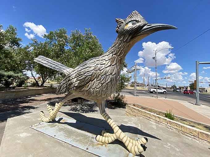 Paisano Pete stretches 22 feet long, capturing that "meep meep" moment with incredible metallic feather detail.