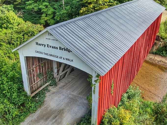 The Harry Evans Bridge stands proud in red and white, inviting leisurely strolls through covered history.