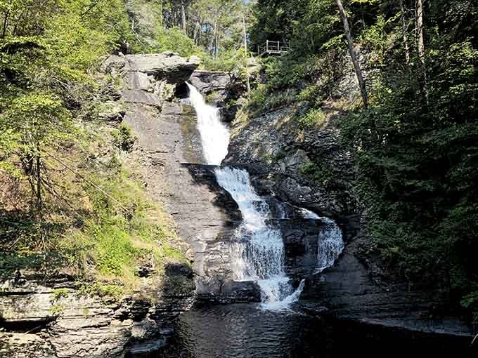 Pennsylvania's tallest waterfall cascades down dark rock in three stunning tiers, each more photogenic than the last.