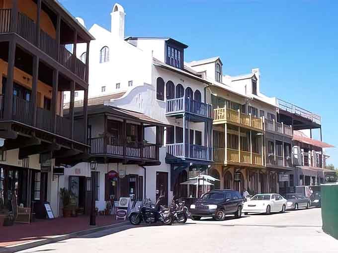 Stacked balconies in Mediterranean whites and blues make every building look like a seaside resort from another continent.