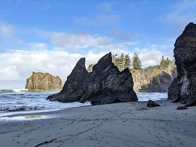These dramatic sea stacks rise from the beach like ancient sculptures carved by waves and wind over millennia.
