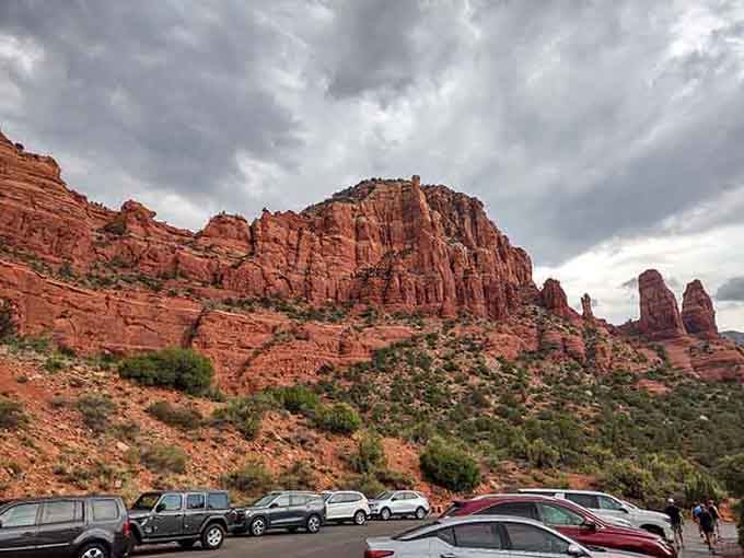 Storm clouds gathering over crimson towers create drama that would make any Hollywood director jealous of Mother Nature's work.