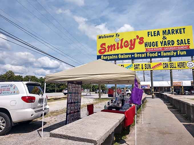 That cheerful yellow sign promises exactly what it delivers - smiles, bargains, and good old-fashioned family fun.