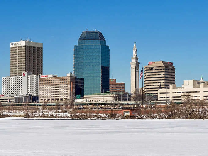 Springfield's skyline rises above the frozen Connecticut River like a postcard from winter's greatest hits collection.