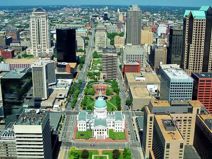 The Old Courthouse dome anchors this aerial view, proving government buildings can actually be architectural showstoppers.
