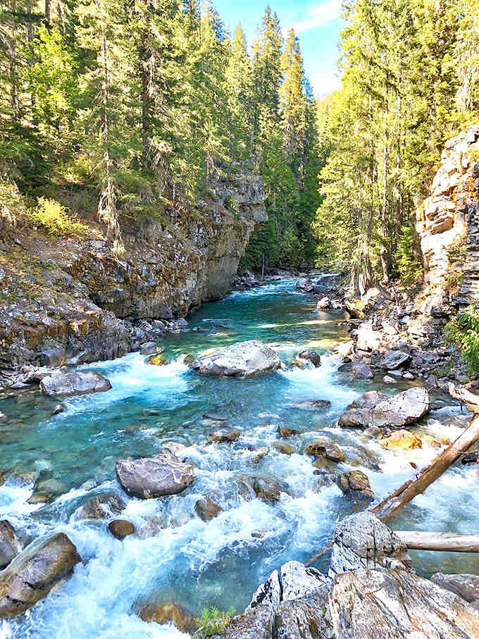 This rushing mountain stream dances over granite boulders like nature's own symphony in brilliant turquoise and white.
