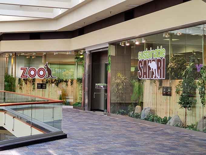 The modern mall entrance transforms into a jungle gateway, where bamboo and greenery promise exotic adventures inside.