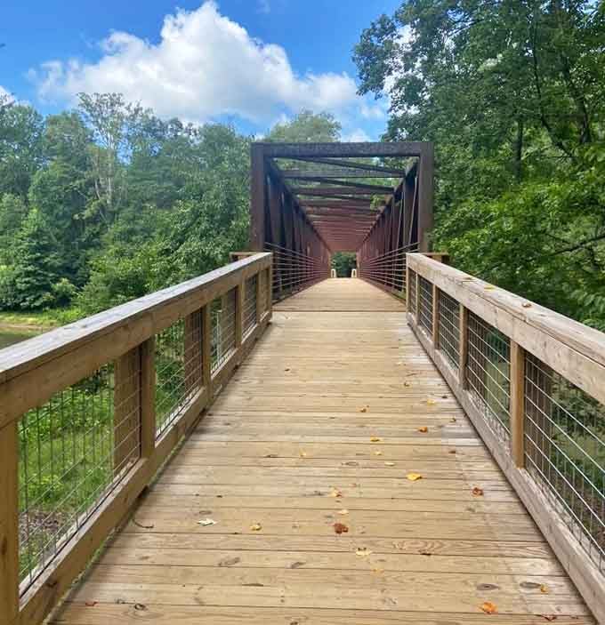 This sturdy bridge spans the creek like a scene from an old Western, minus the horse chase.