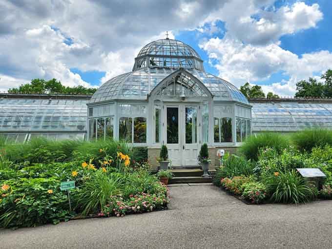 The elegant greenhouse entrance welcomes you into a world where Victorian charm meets botanical beauty in perfect harmony.