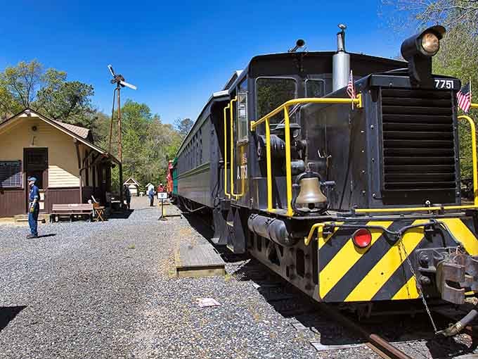 Black and yellow beauty: Classic railroad equipment meets small-town Americana under perfect blue skies in New Jersey.