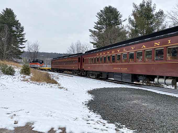 Winter transforms this vintage train into a Polar Express moment, minus the hot chocolate but full of nostalgic charm.