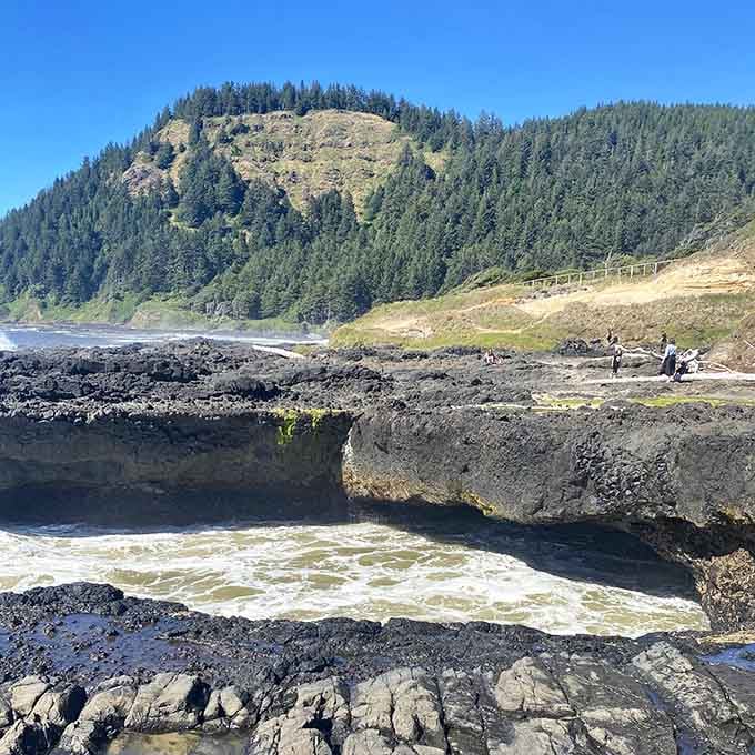 Dark volcanic rocks frame churning white water as the Pacific puts on its most dramatic performance yet.
