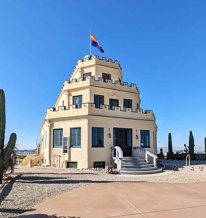 This tiered castle rising from the desert looks like something from a 1920s Hollywood dream sequence.