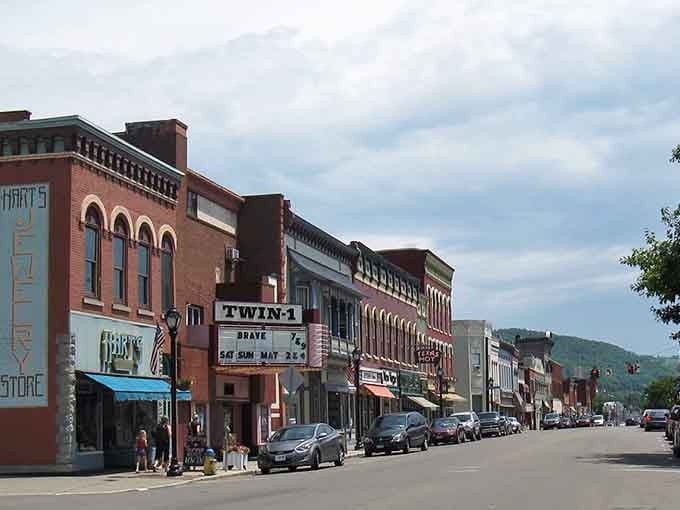 The Twin-1 theater marquee stands proud among historic buildings, proving small-town entertainment still has its devoted fans and charm.