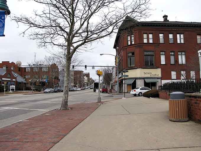 A quiet Main Street moment where bare winter branches frame historic brick buildings and empty sidewalks await spring's return.