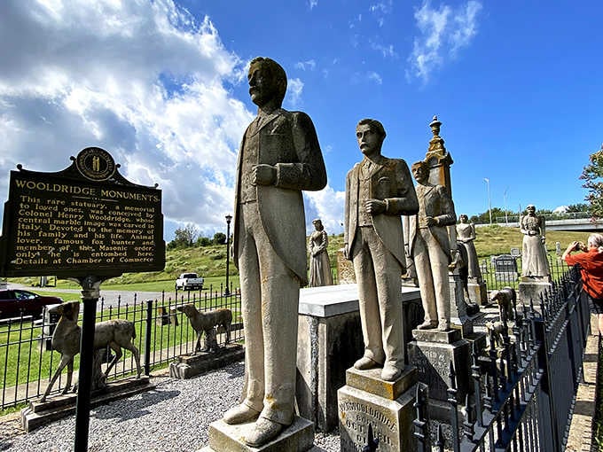 These marble figures stand eternal watch, creating one of the most unusual family reunions you'll ever witness in stone.