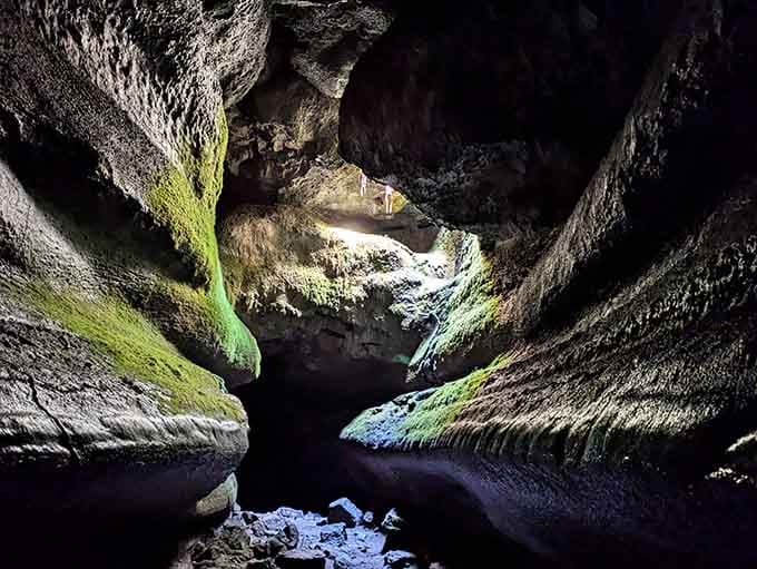 Deep inside Ape Cave, moss-covered rocks and mysterious chambers reveal the raw power of volcanic forces from millennia past.