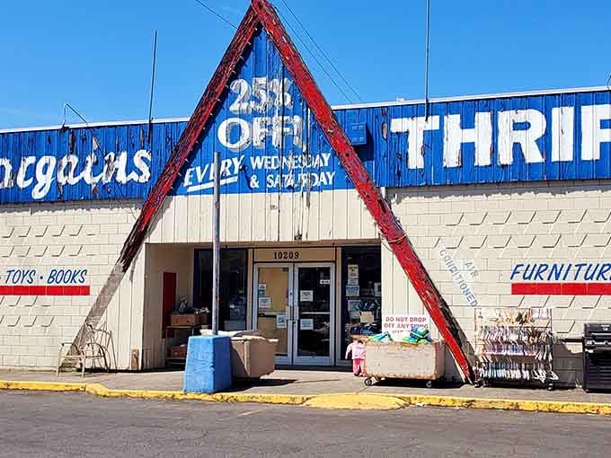 A-frame architecture meets secondhand treasures—where every Wednesday and Saturday, one person's past becomes your bargain-priced present.