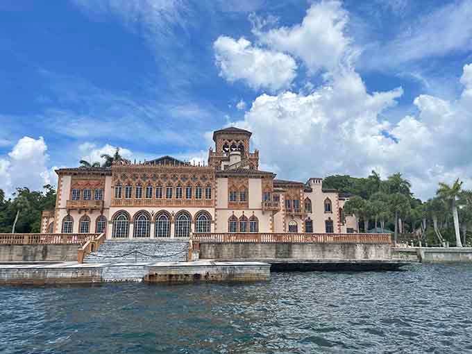 The mansion's grand waterside terrace and ornate tower create a Mediterranean dream right here on Sarasota Bay.