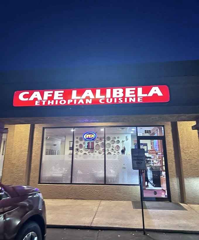 Evening light bathes this humble storefront where adventurous eaters discover the joy of eating with their hands, Ethiopian-style.