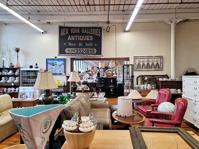 Inside, carefully arranged vintage furniture and collectibles create aisles of possibility, each piece waiting for its perfect new home.