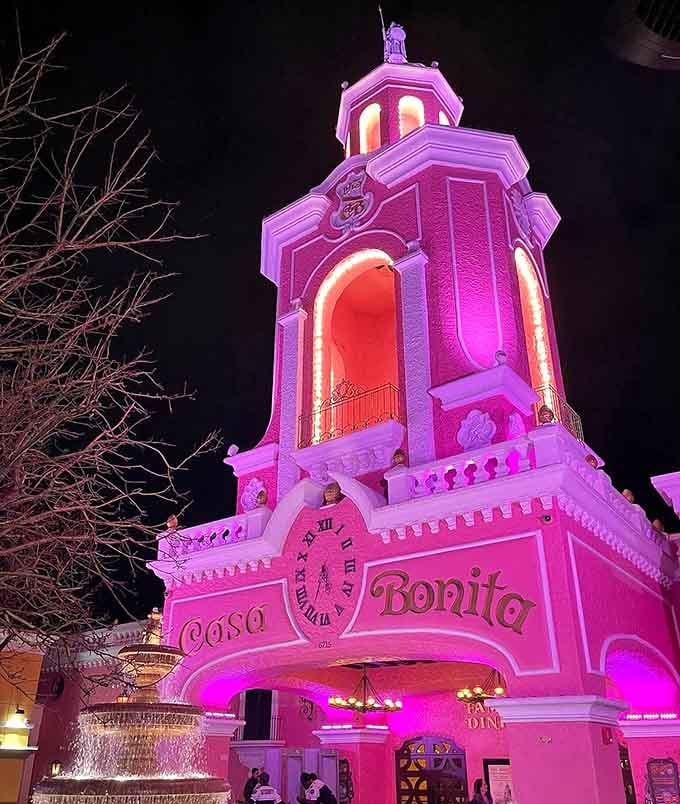 When the lights hit just right, this pink tower glows like something from a fairy tale you forgot you loved.