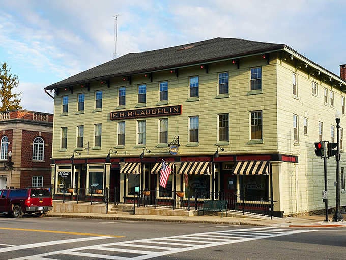 That yellow building stands proud like it's been the town's favorite meeting spot for generations running.