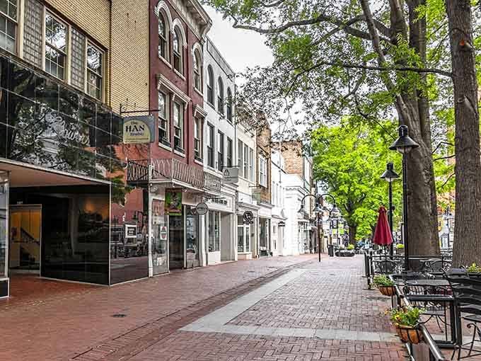 Brick sidewalks and mature trees provide natural shade for window shopping along this inviting pedestrian-friendly downtown stretch.