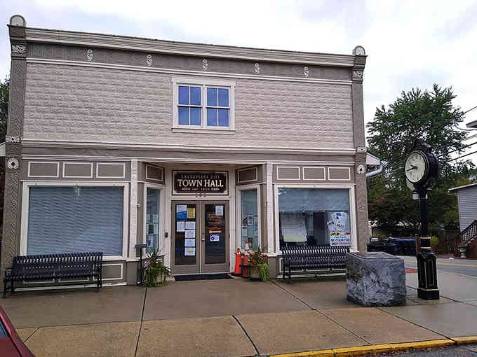 That charming Town Hall facade welcomes you with old-fashioned elegance, complete with a clock that keeps small-town time perfectly.