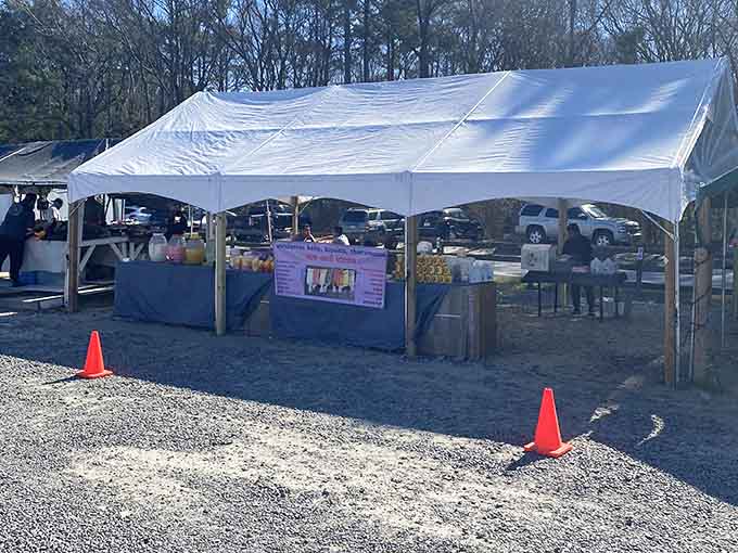 White canopy tents stretch across gravel lots, promising shade and surprises beneath their billowing fabric roofs.
