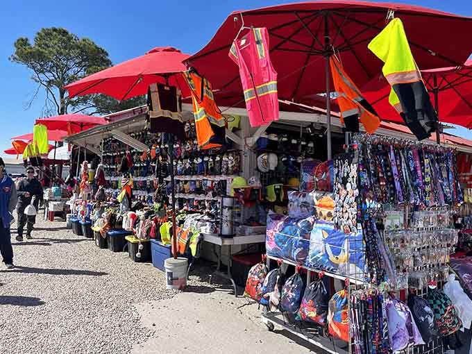 Bright umbrellas create a rainbow of shopping possibilities while vendors display everything from work gear to weekend warrior essentials.