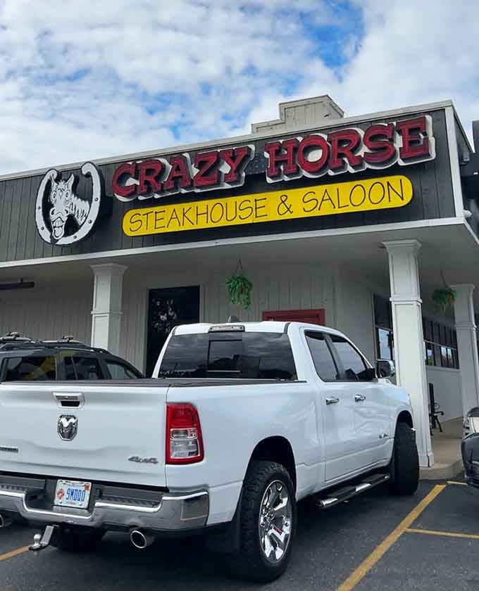 That bold signage practically shouts "steakhouse and saloon," promising hearty meals and good times for everyone who enters.