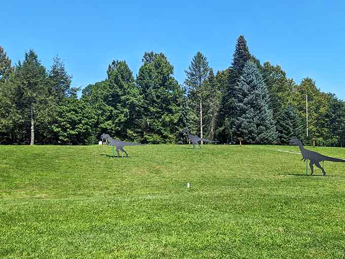 These prehistoric neighbors gather for their daily constitutional across the perfectly manicured dinosaur playground.