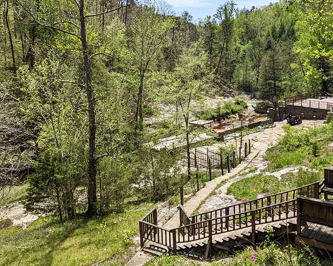 Stone steps wind through towering rock walls draped in vibrant moss, creating a scene straight from fantasy films.