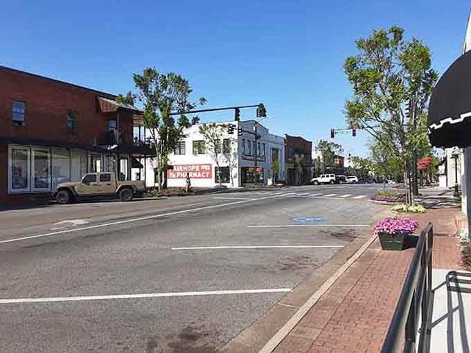 Brick sidewalks and blooming flowers create a Main Street that Norman Rockwell would've loved to paint.